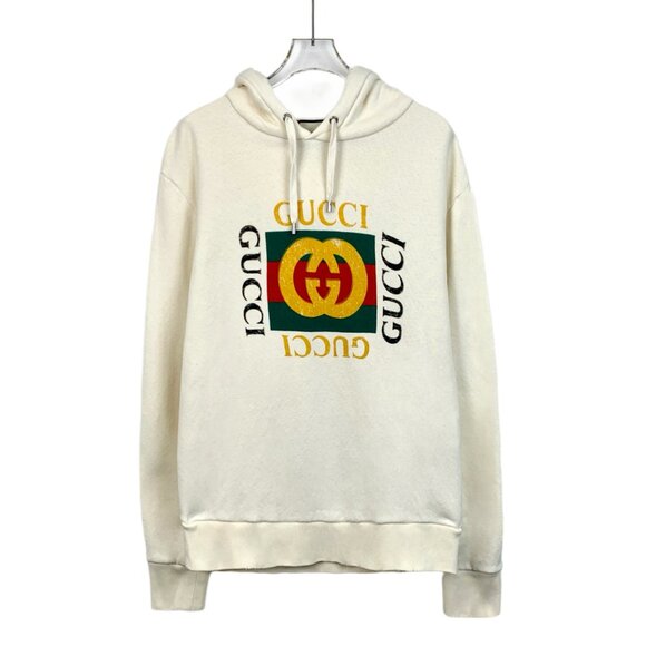 Gucci | Tops | Gucci Beige Logo Print Cotton Hoodie With Drawstring ...